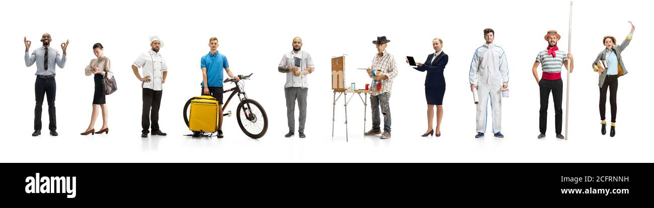 Group of people with different professions on white studio background ...