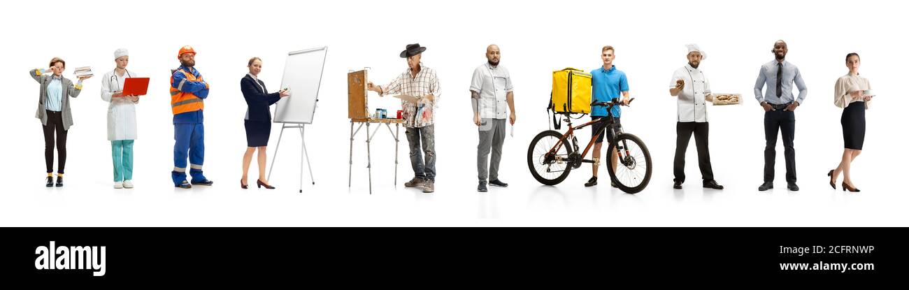 Group of people with different professions on white studio background ...
