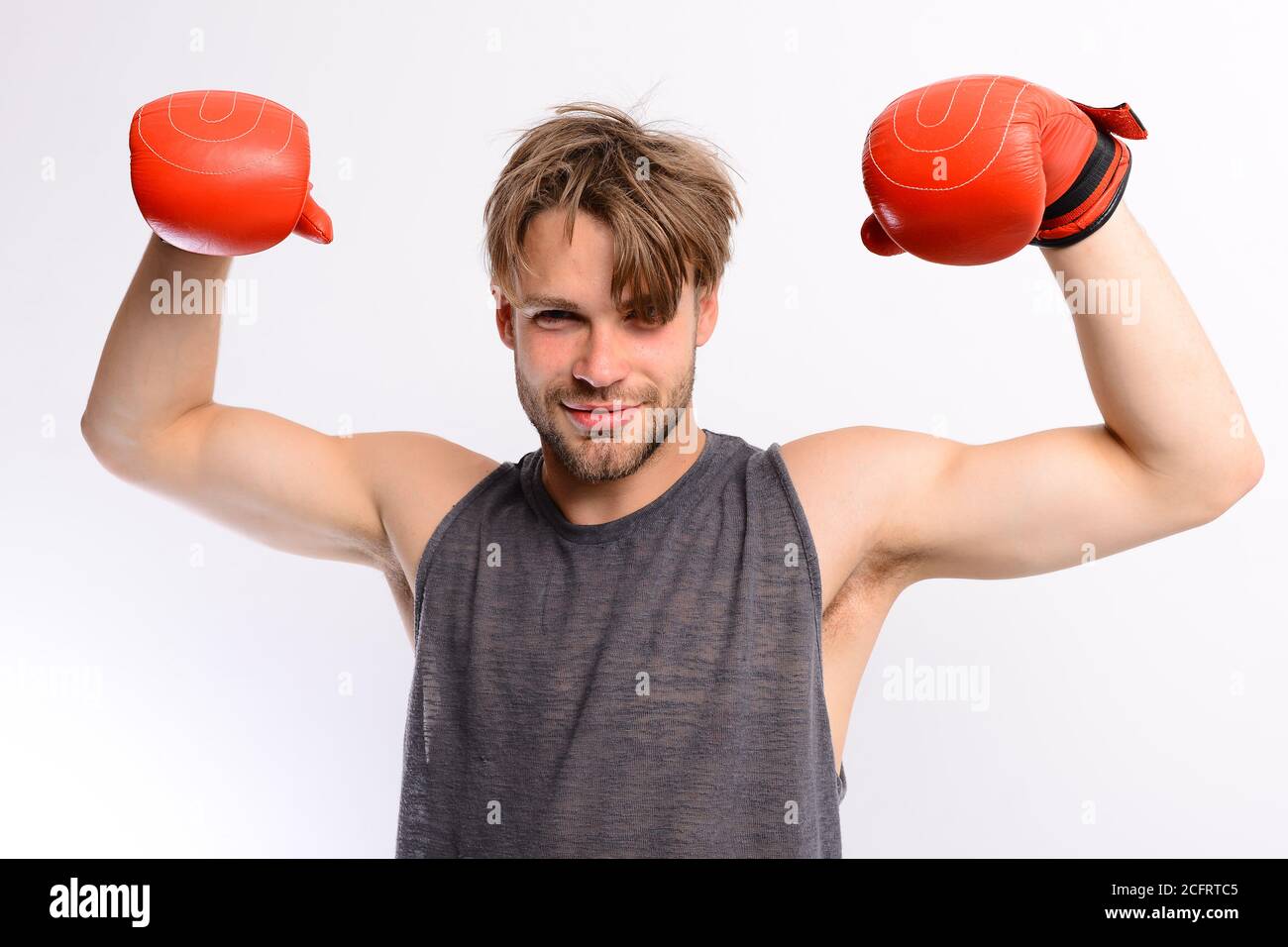 Boxing and sports concept. Athlete with leather box equipment isolated ...