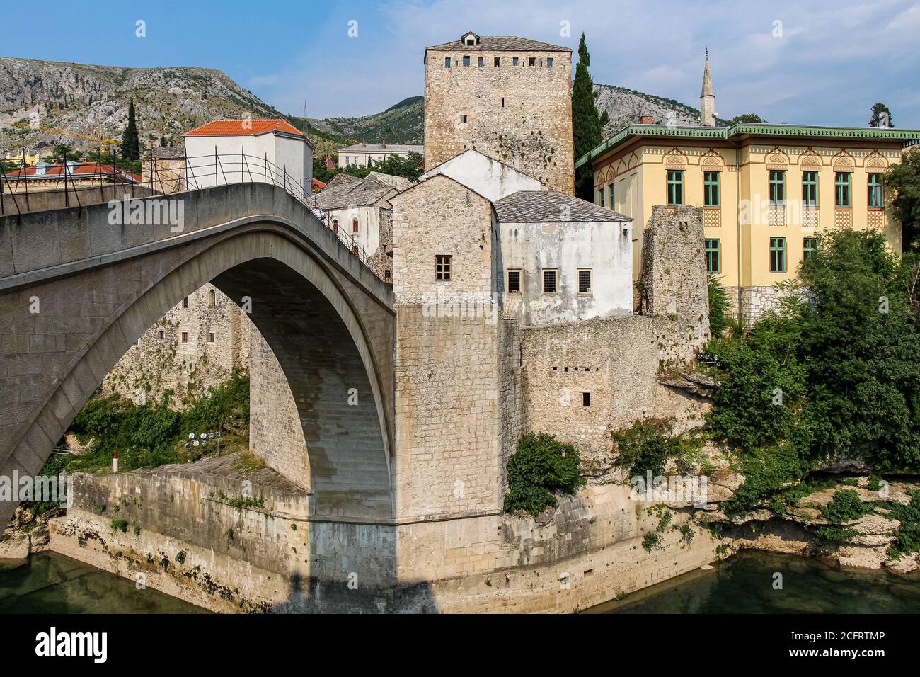 Close up of the historic arched Old Bridge of Mostar on the Neretva ...