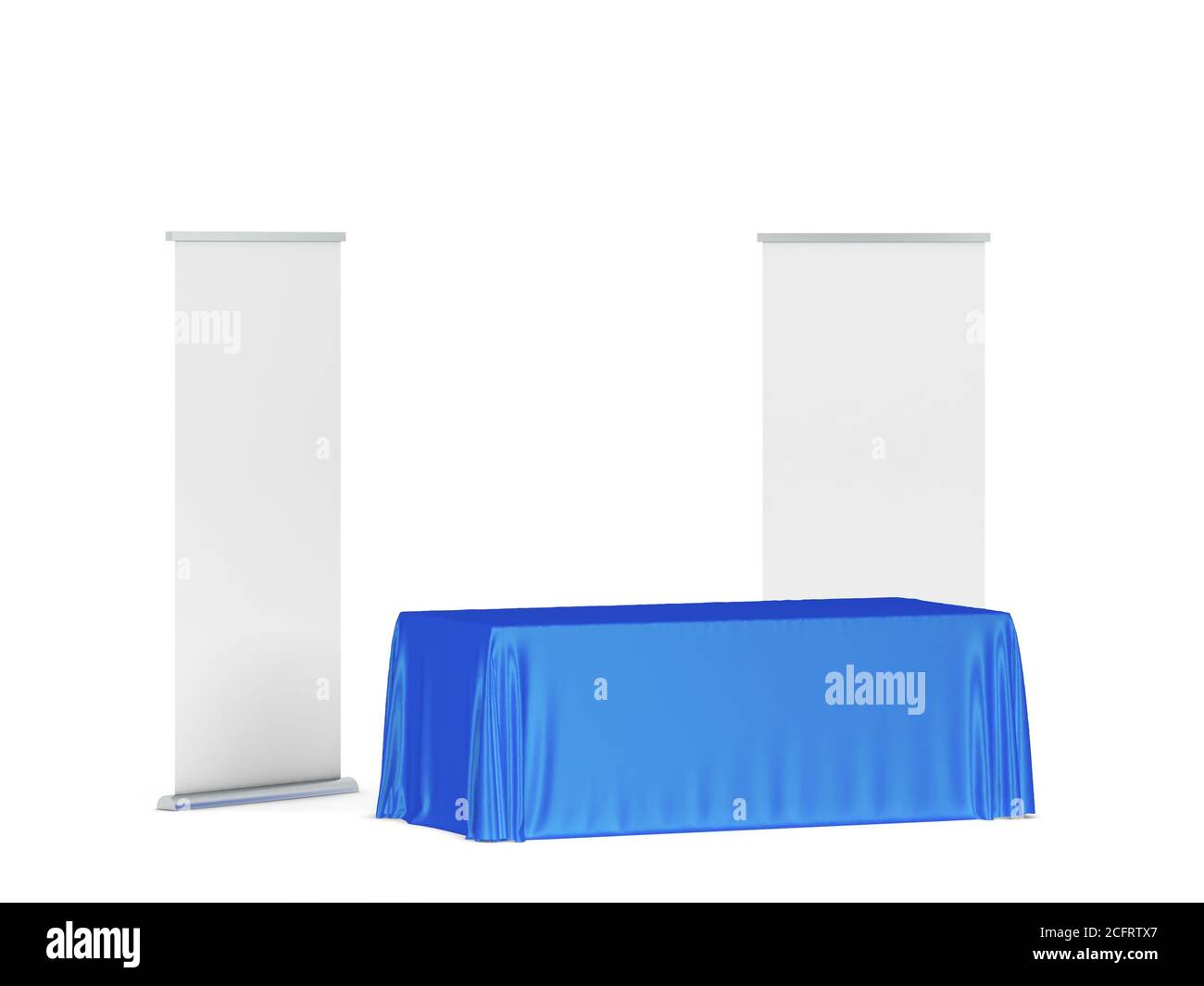 Blank tradeshow tablecloth with roll-up banners aside. 3d illustration ...