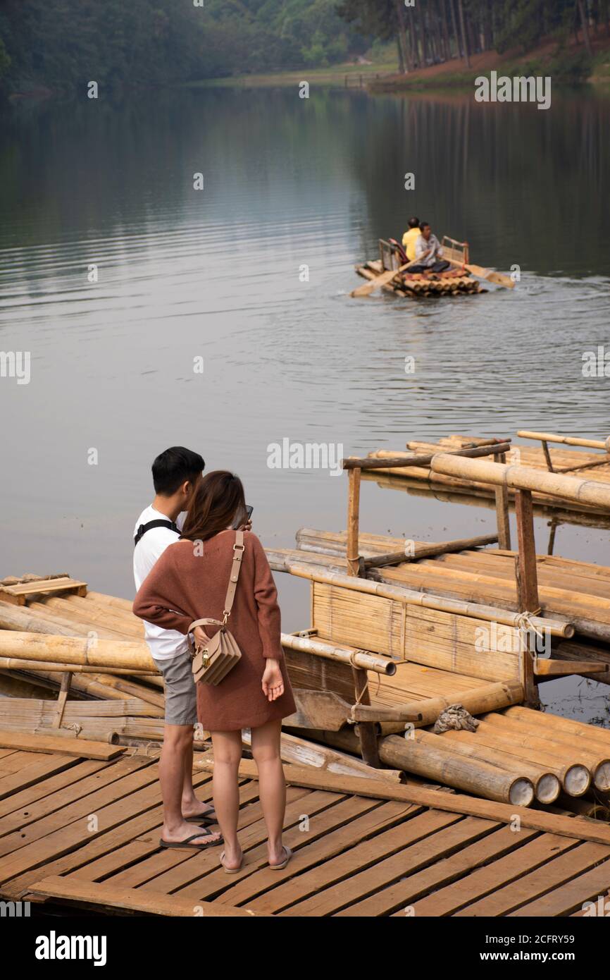 Rafting boat bamboo port for receive thai people and foreign travelers ...