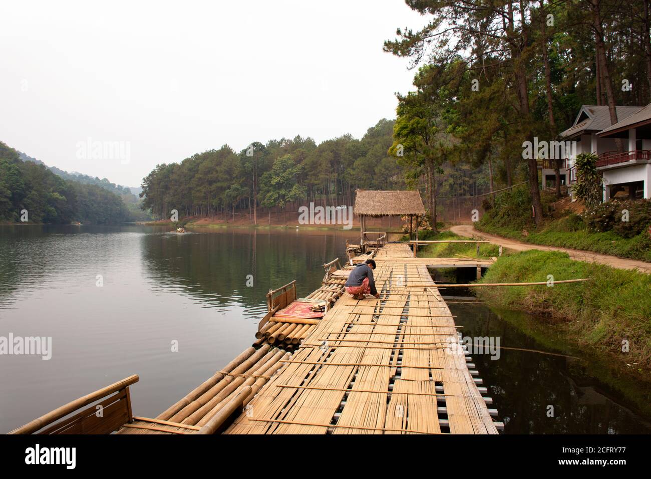 Rafting boat bamboo port for receive thai people and foreign travelers ...