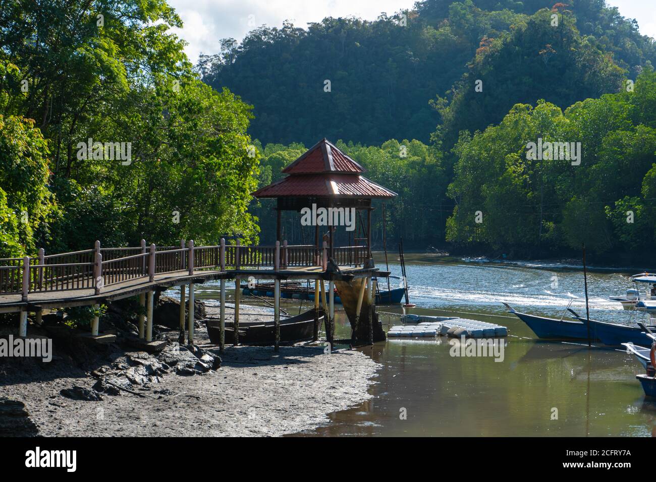 Incredibly beautiful natural landscape, a pier for boats to the river ...