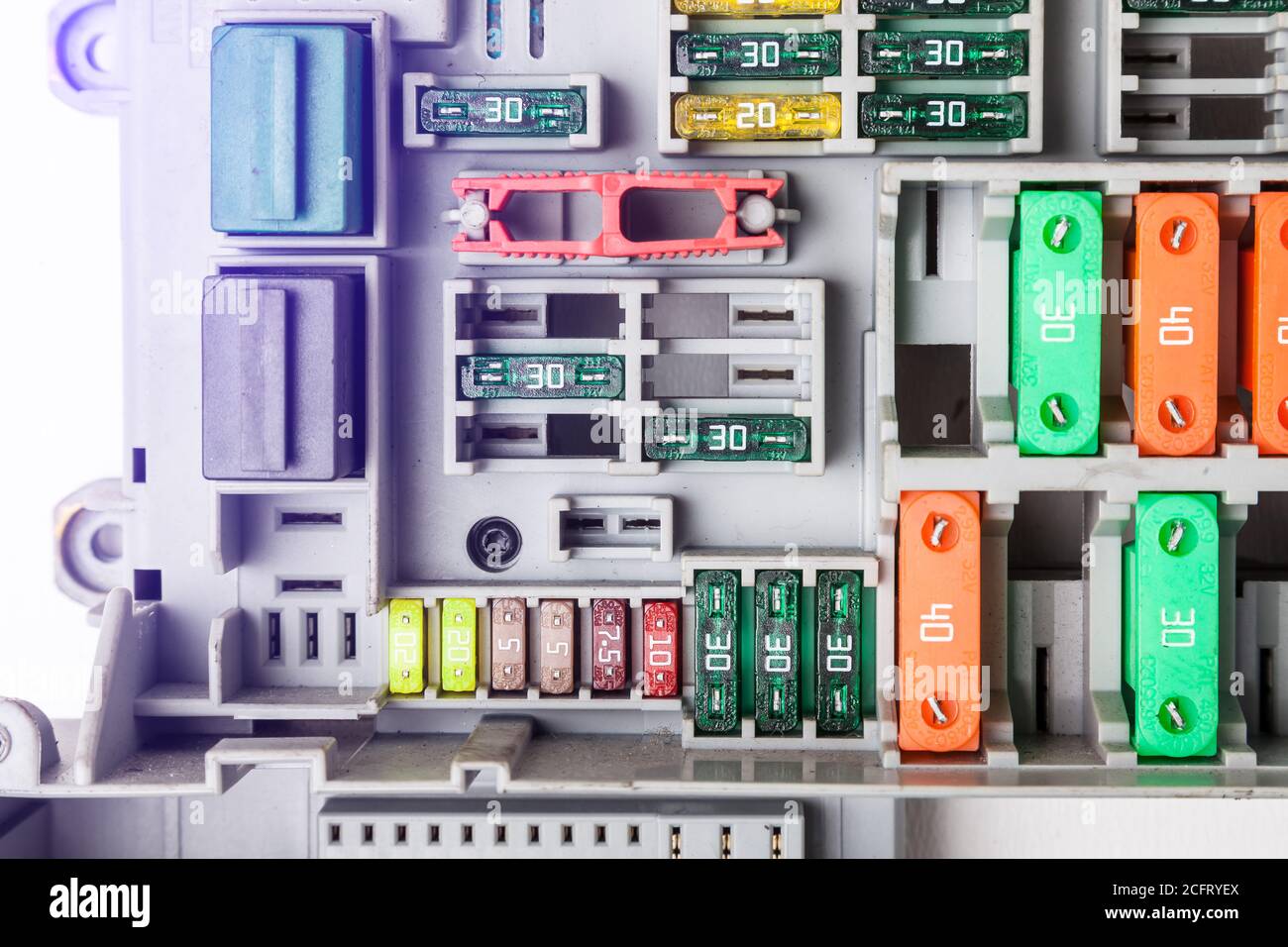 Detail of a car engine bay with fuses. Auto service industry. Repairing ...