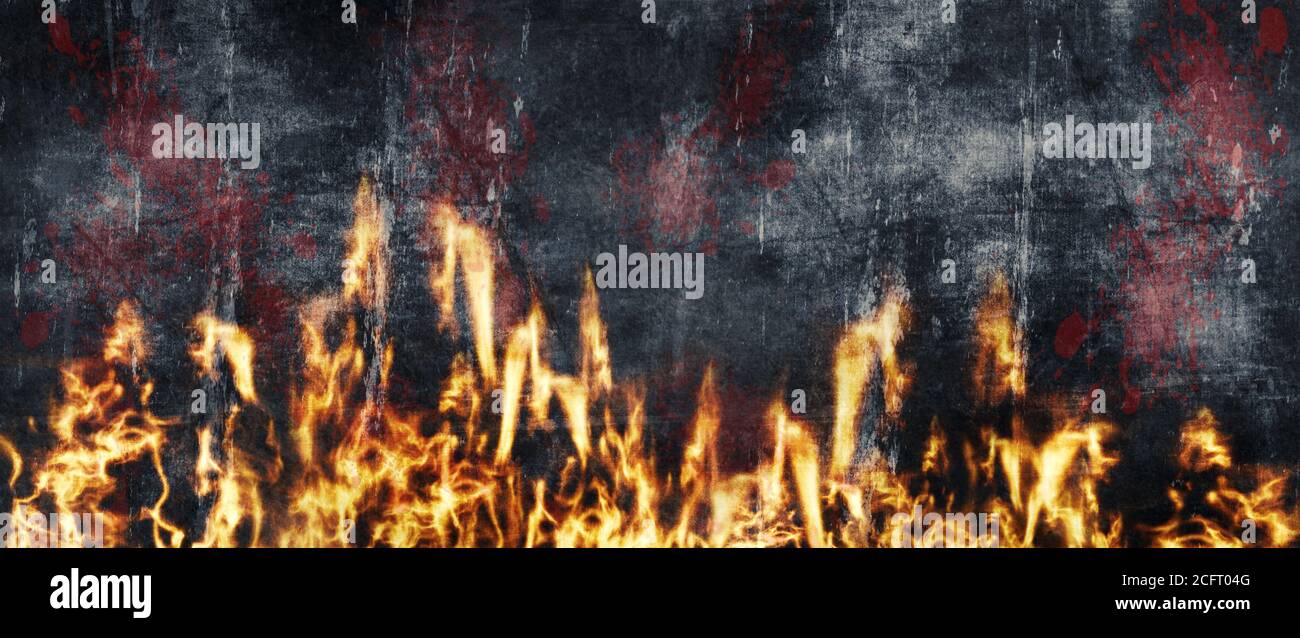 Halloween background. Burning fire with flames and blood. Scratched and ...