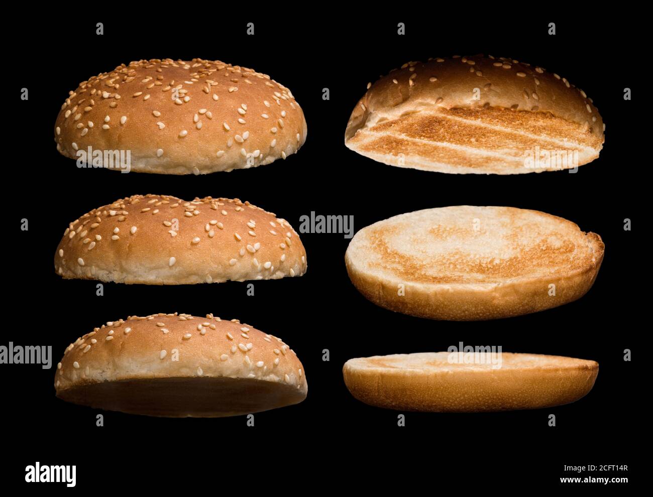Set of burger bun isolated on black background. Different sides and ...