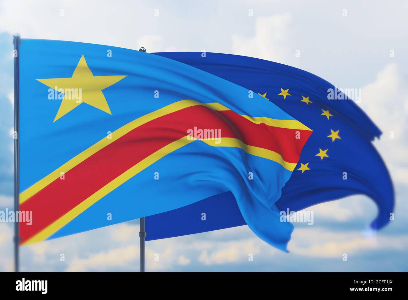 Waving European Union flag and flag of Democratic Republic of the Congo ...