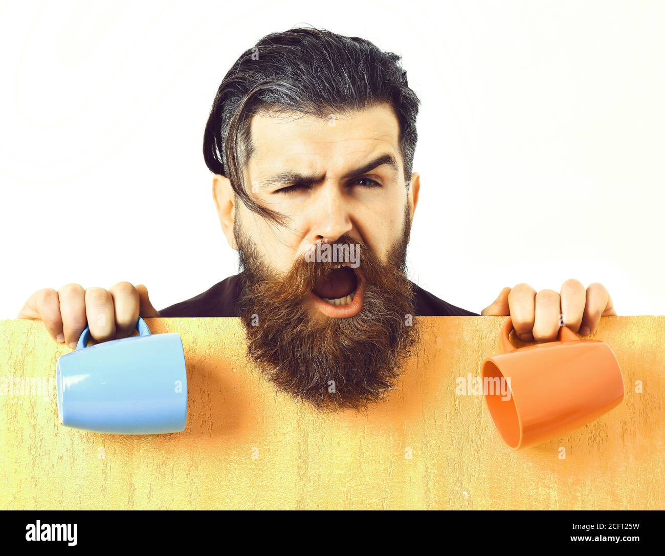 Bearded man, long beard. Brutal caucasian yawning unshaven hipster with ...