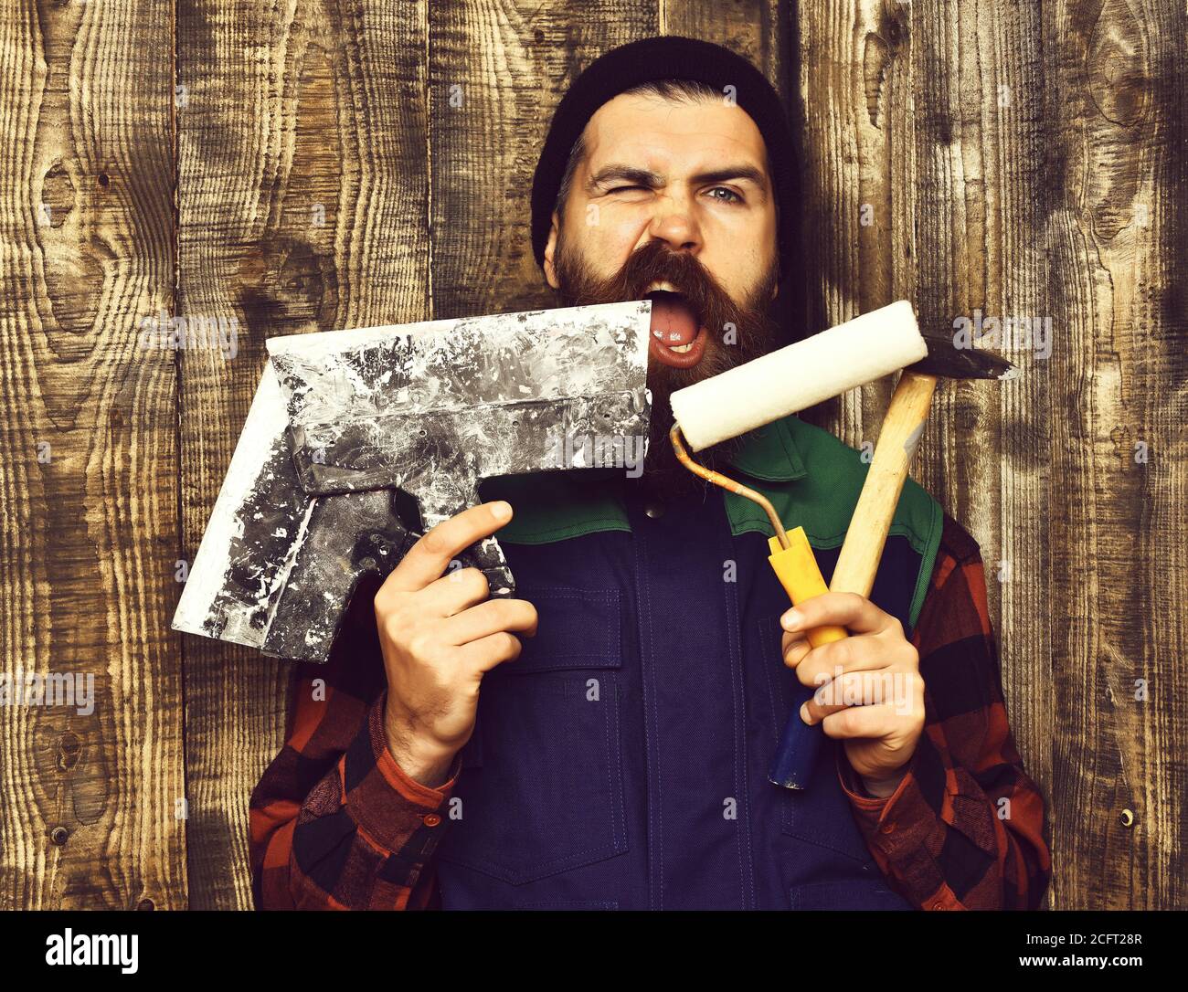 bearded builder man, long beard, brutal caucasian hipster with ...