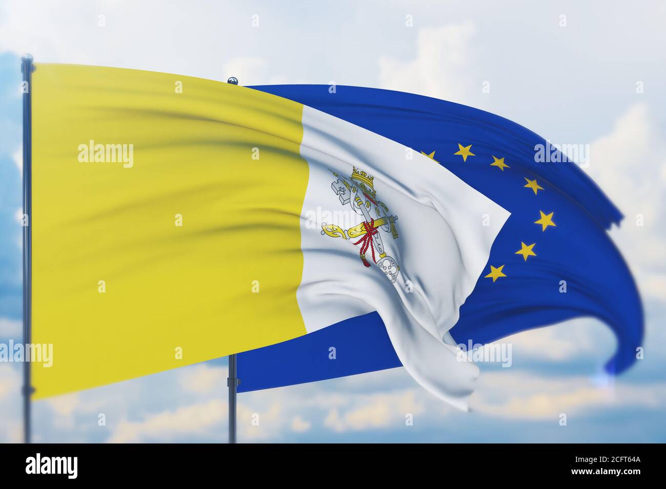 Waving European Union flag and flag of Vatican City. Closeup view, 3D ...