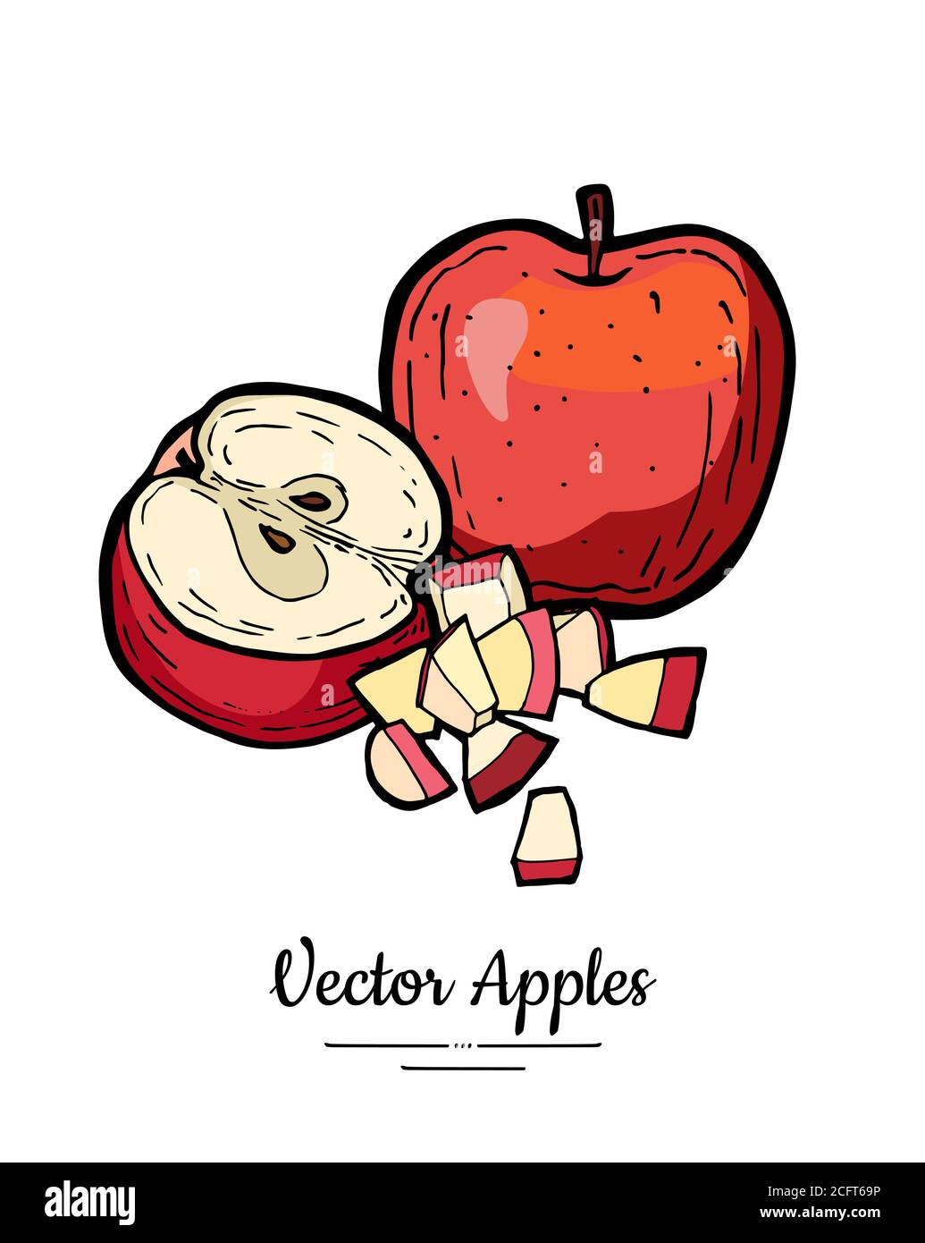 Apples vector isolated set. Whole, half cut, chopped apples. Red fruit ...