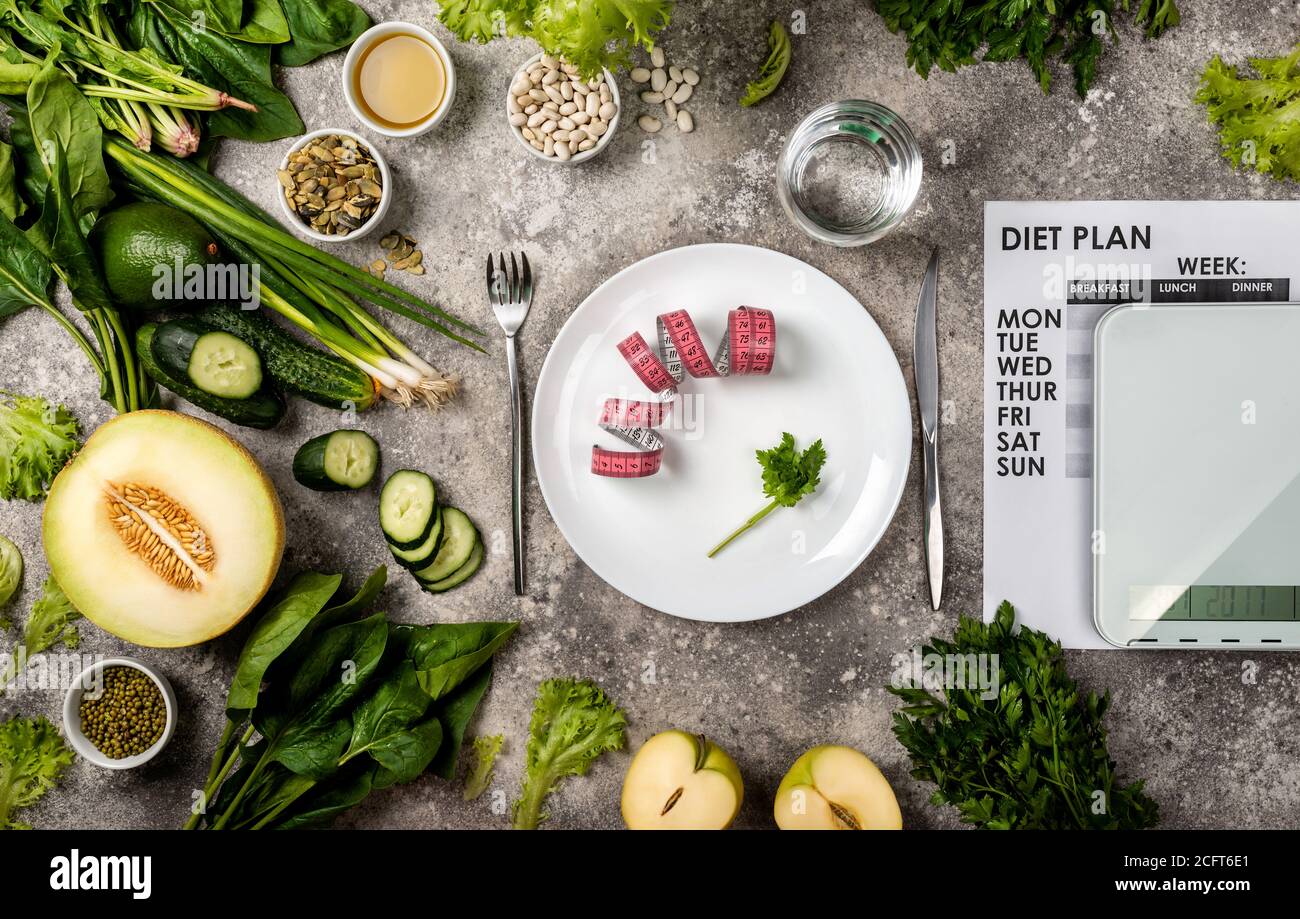 Eating control Diet concept. Measuring tape on the plate Diet plan ...