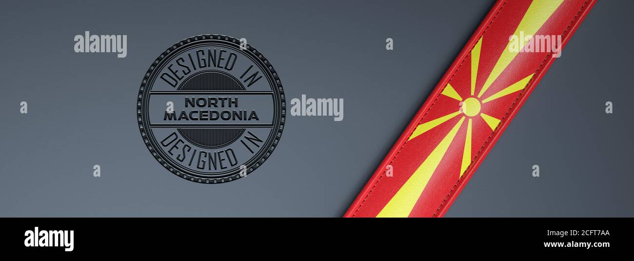 Designed in Macedonia stamp & Macedonian flag Stock Photo - Alamy