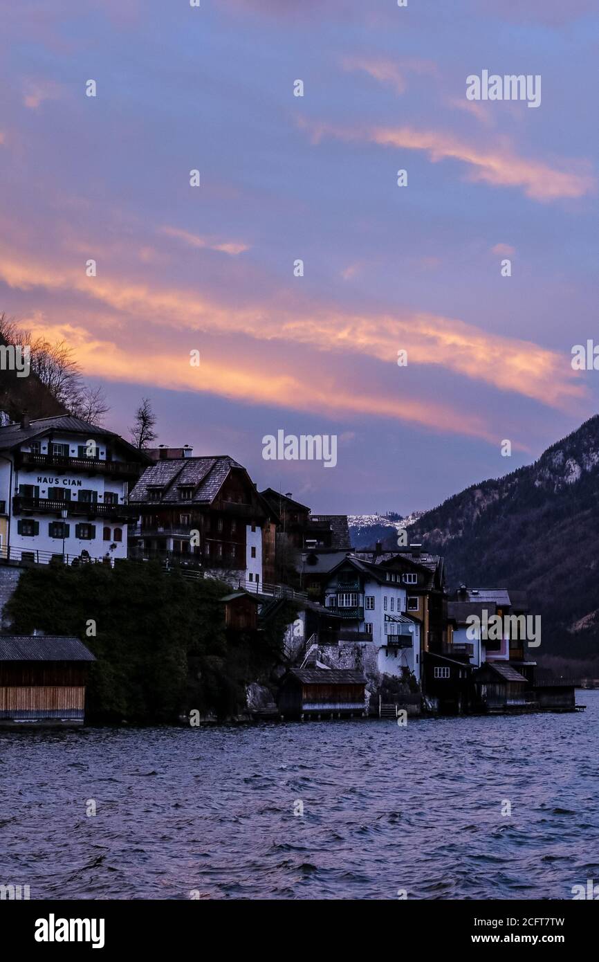 Hallstatt, Austria - March 4, 2017: View of Hallstatt at Sunset Stock ...