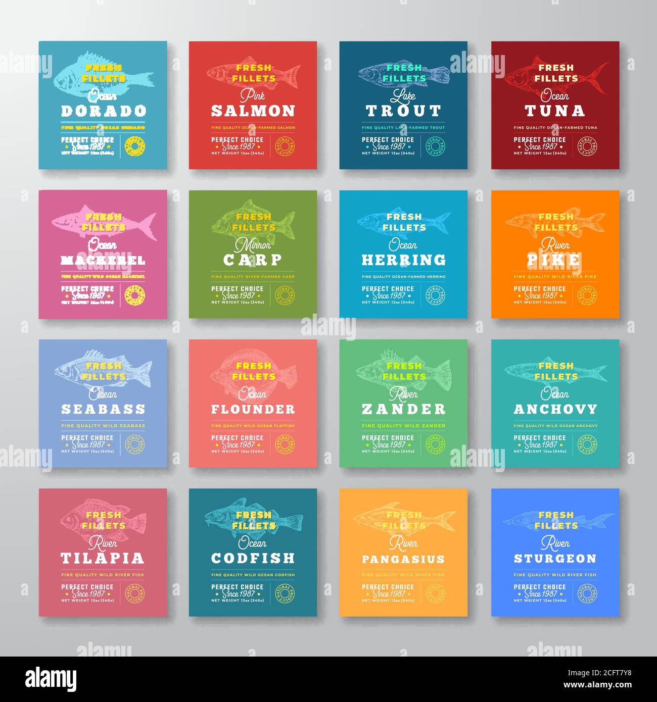 Fresh Fillets Premium Quality Labels Big Set. Abstract Vector Fish ...
