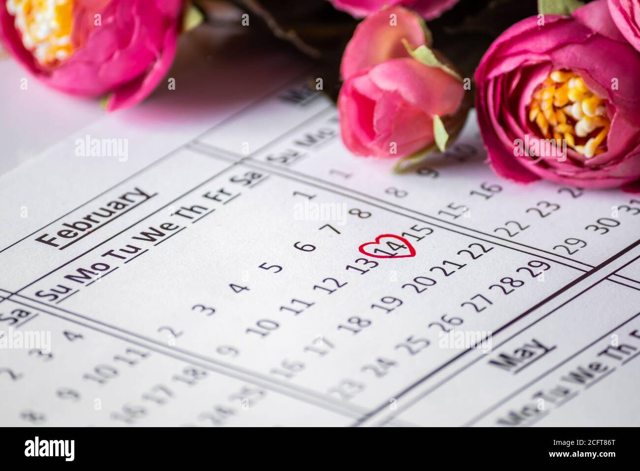 Calendar Reminder close up - Valentine's Day February 14th. Date in a ...