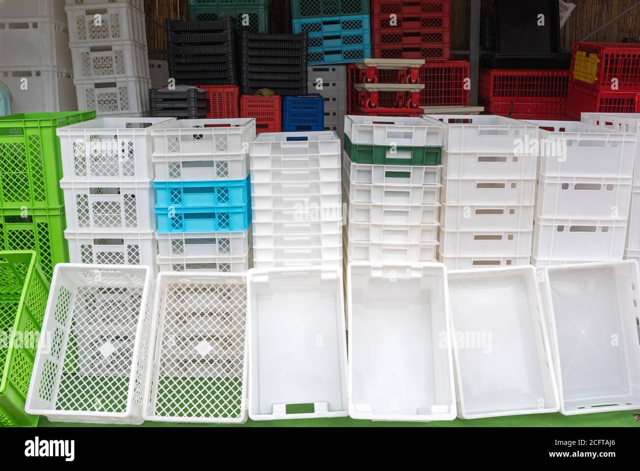 Plastic Crates and Transport Boxes for Shipping Stock Photo - Alamy