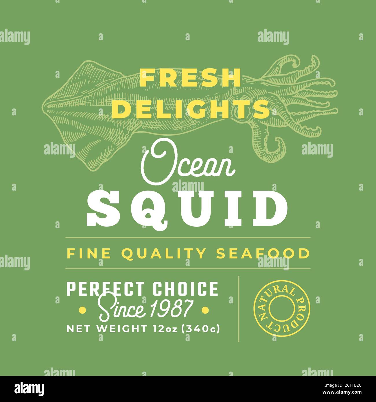 Fresh Seafood Delights Premium Quality Label. Abstract Vector Packaging ...