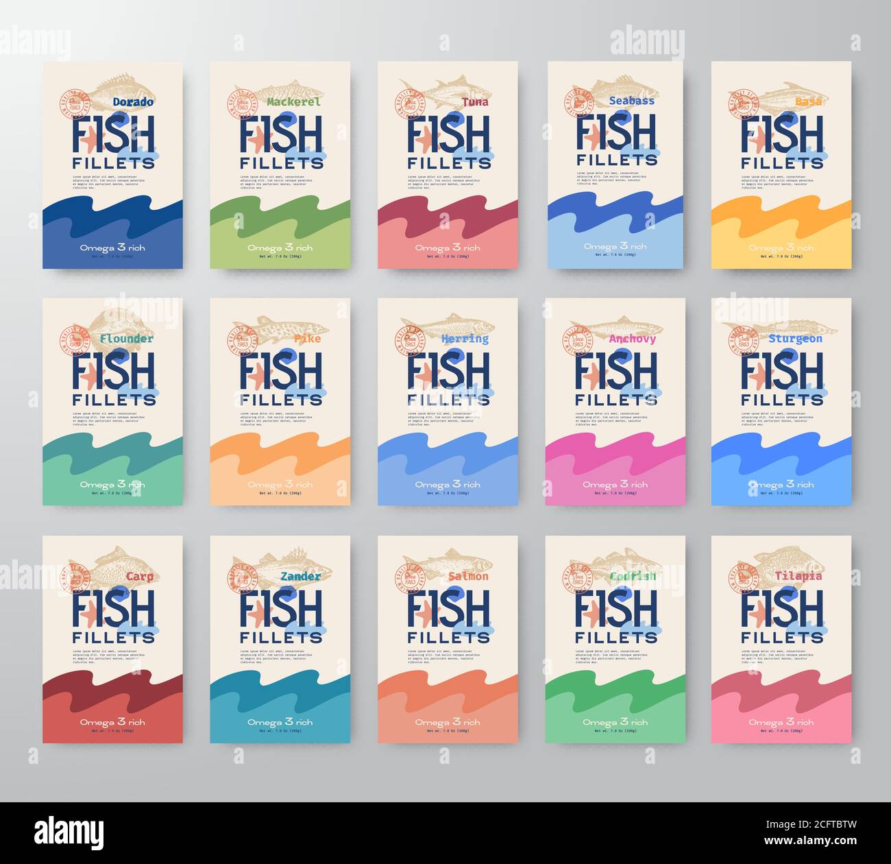 Fish Fillets Labels Big Collection. Abstract Vector Fish Packaging ...