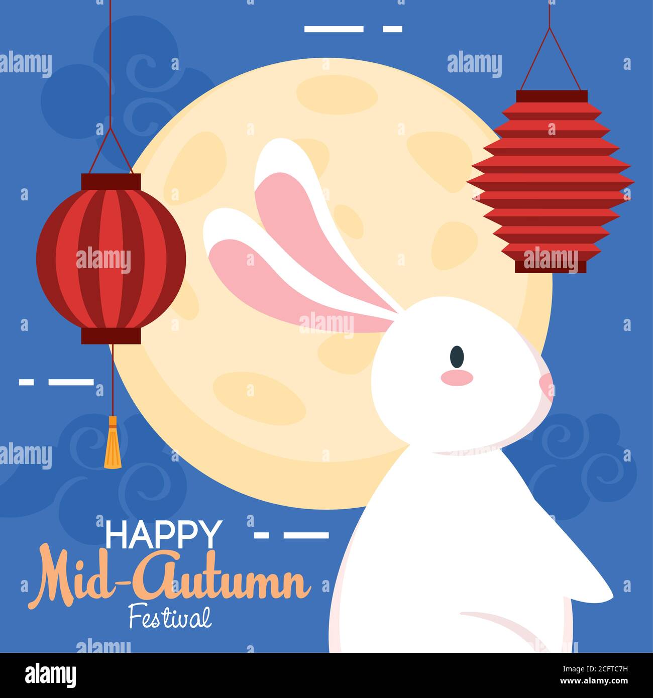 chinese mid autumn festival with rabbit, full moon and lanterns hanging ...
