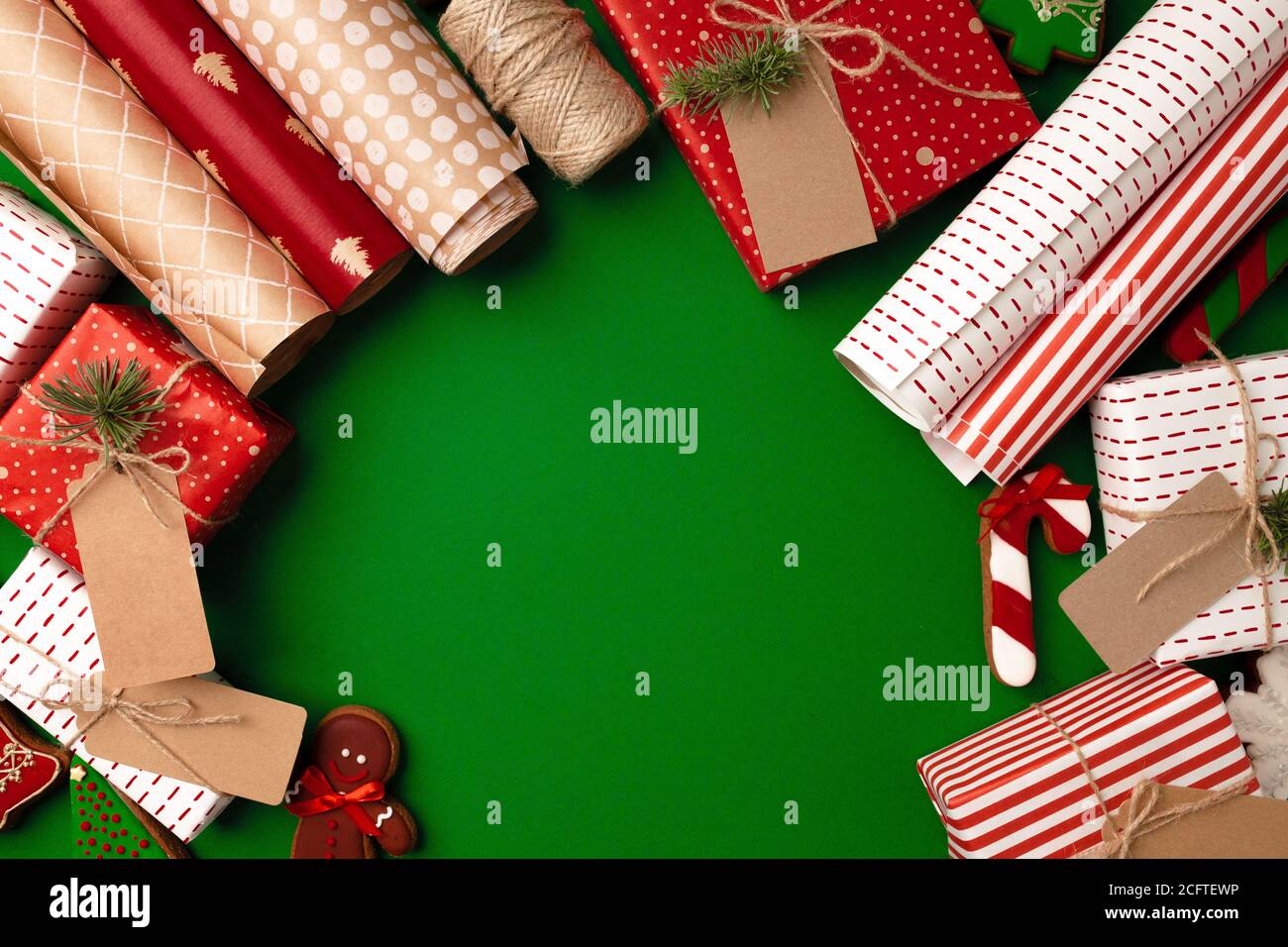 Wrapping paper rolls for Christmas presents top view Stock Photo - Alamy