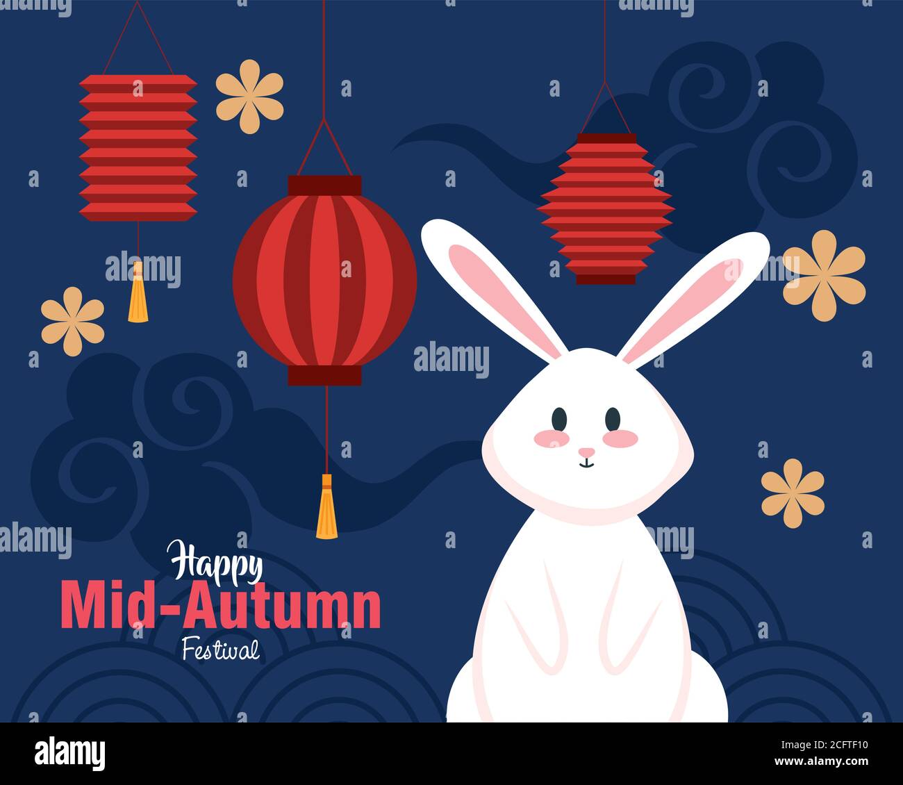 chinese mid autumn festival with rabbit, lanterns hanging, flowers and ...
