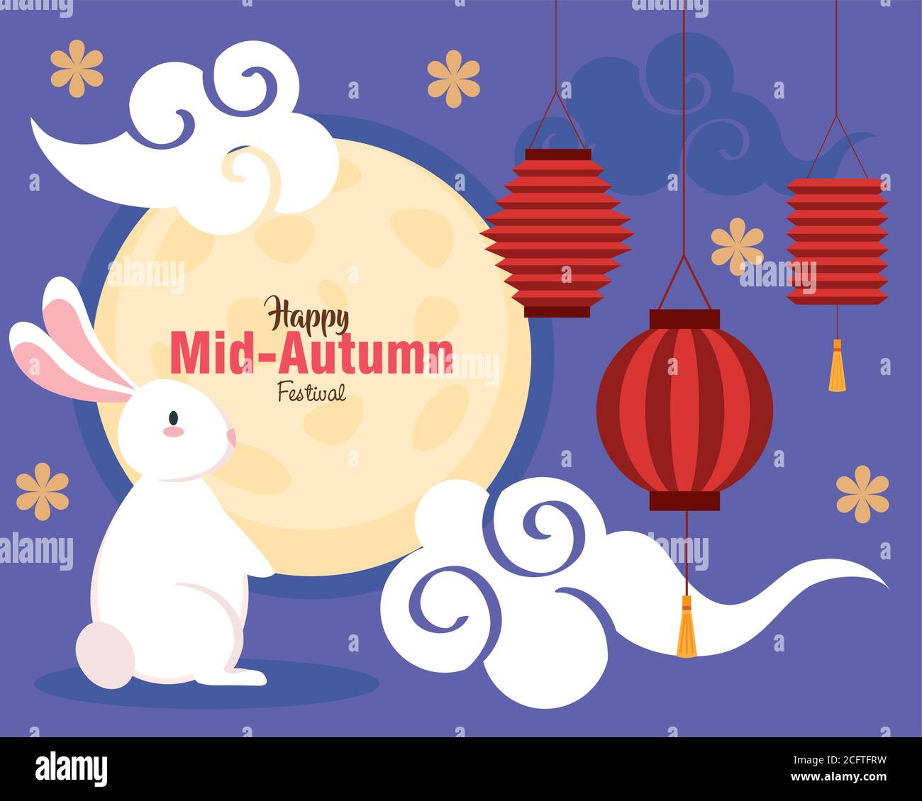 chinese mid autumn festival with full moon, rabbit and decoration ...