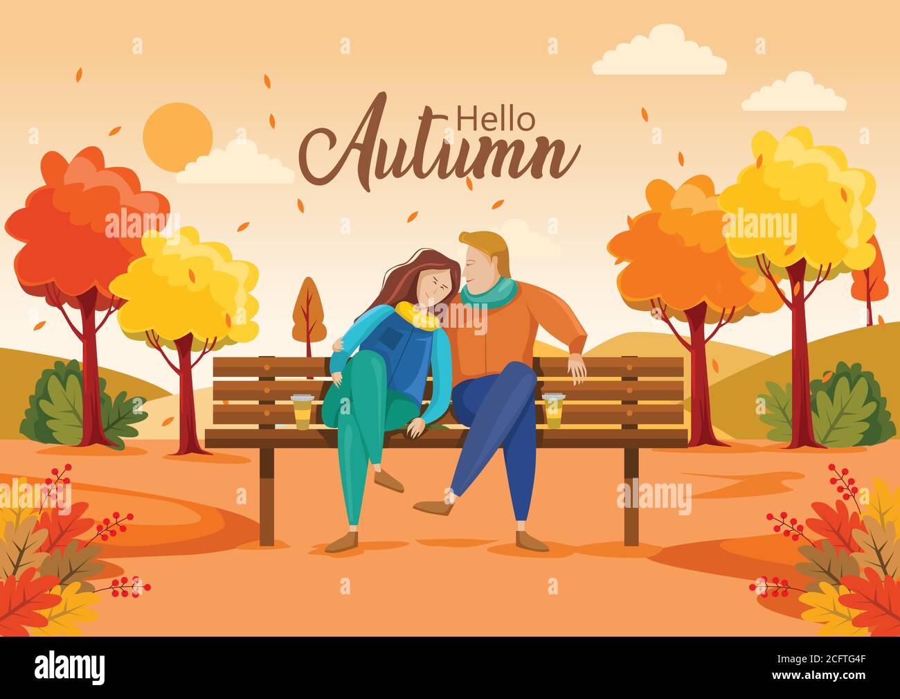 Couple sitting bench autumn Stock Vector Images - Alamy