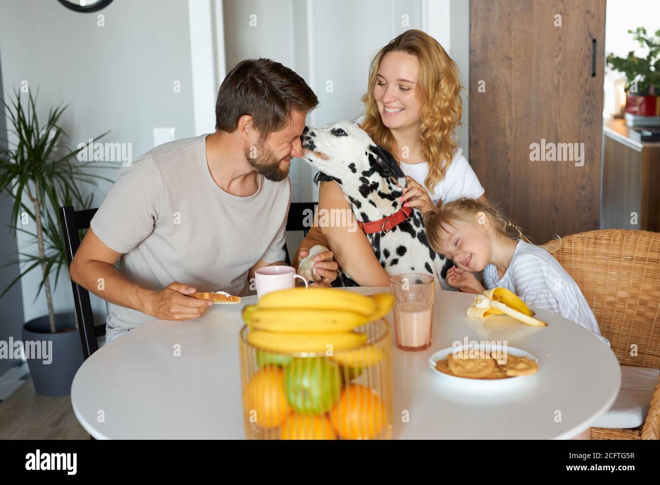 young caucasian family have breakfast together, in the kitchen. they ...