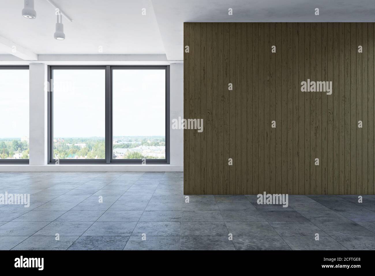 Empty Office Room without People with Wooden Wall, Panoramic Windows ...