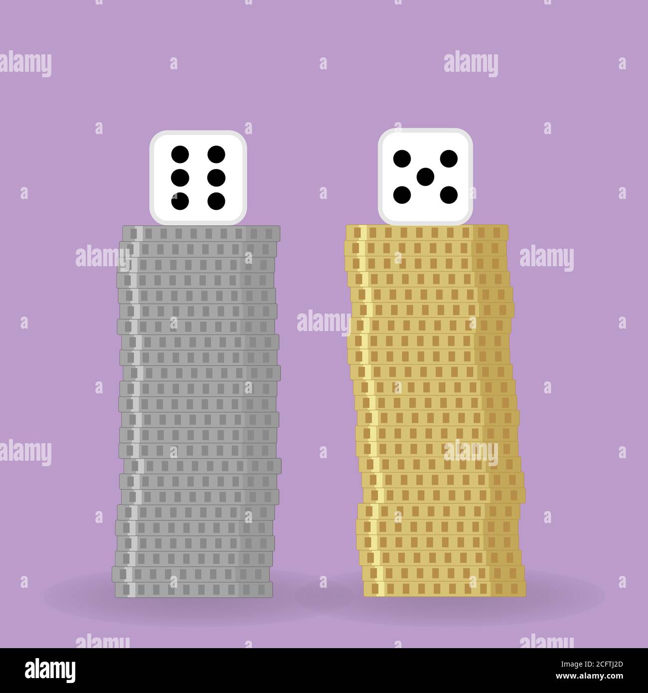 Two dice on two piles of coins a silver and a golden one Stock Vector ...