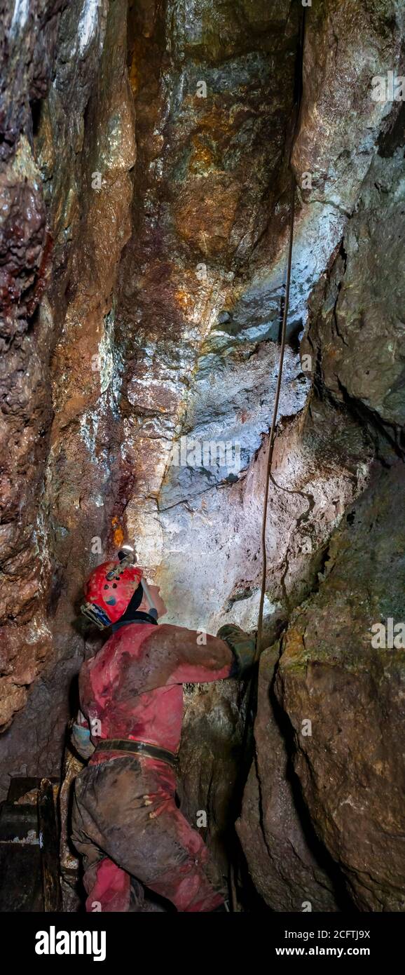 Base of the shaft in an old lead mine in Derbyshire, with light-blue ...