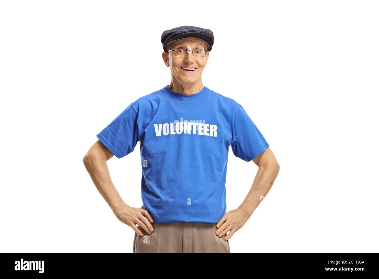 Man volunteer posing and smiling at the camera isolated on white ...
