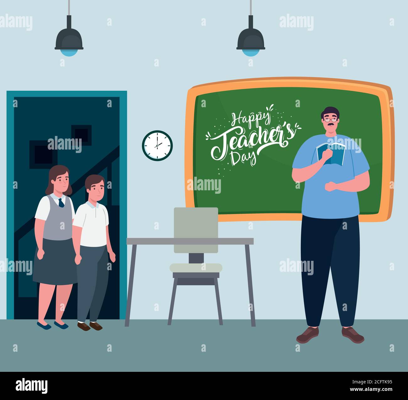 happy teachers day, with man teacher and cute students in classroom ...
