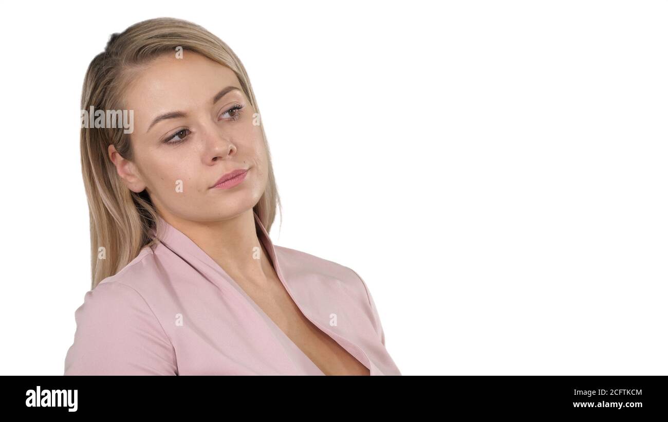 Unhappy young girl waiting for phone ring despairingly on white ...