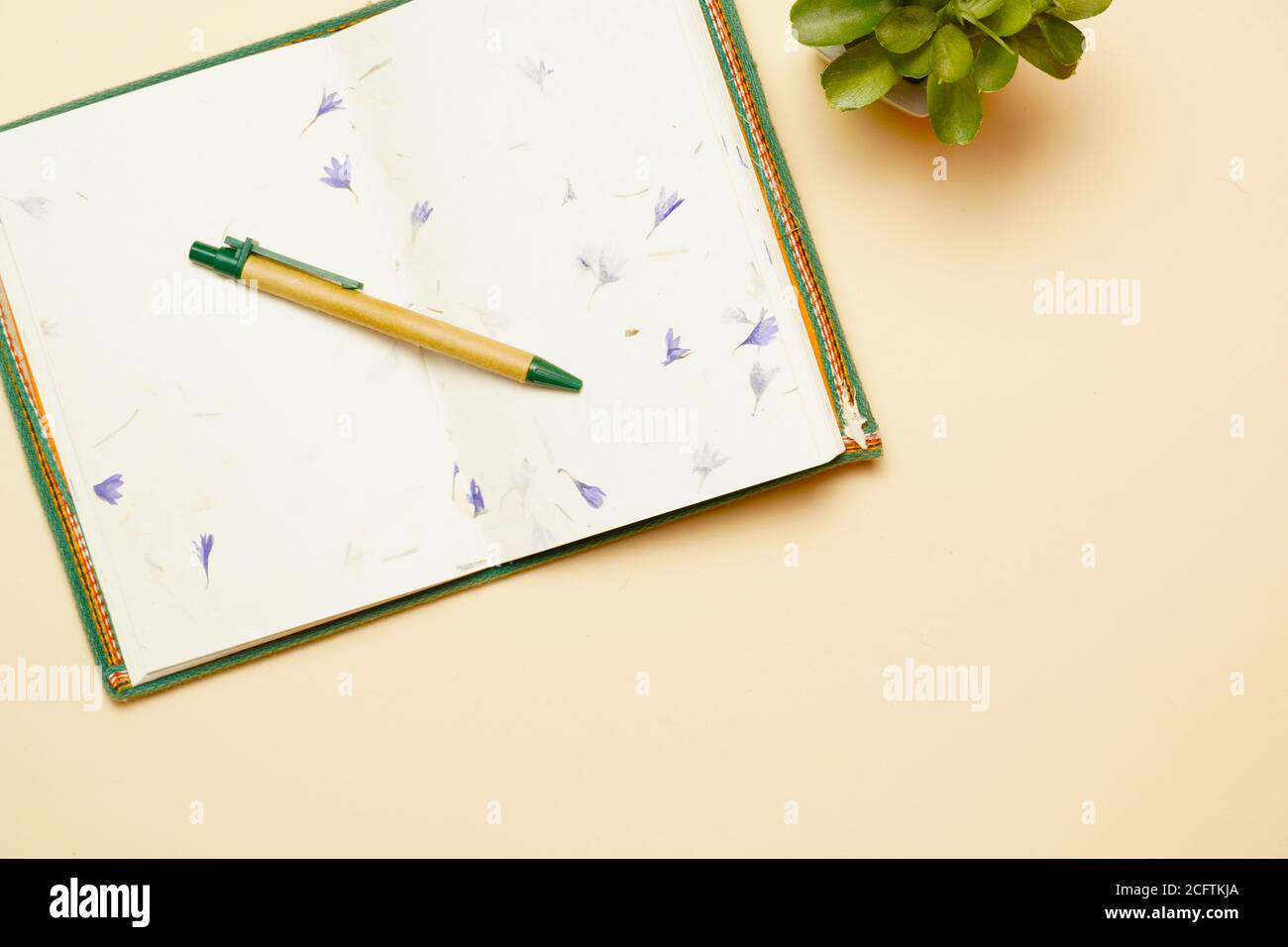 top view of notebook with pen and plant workspace. flat lay flat design ...
