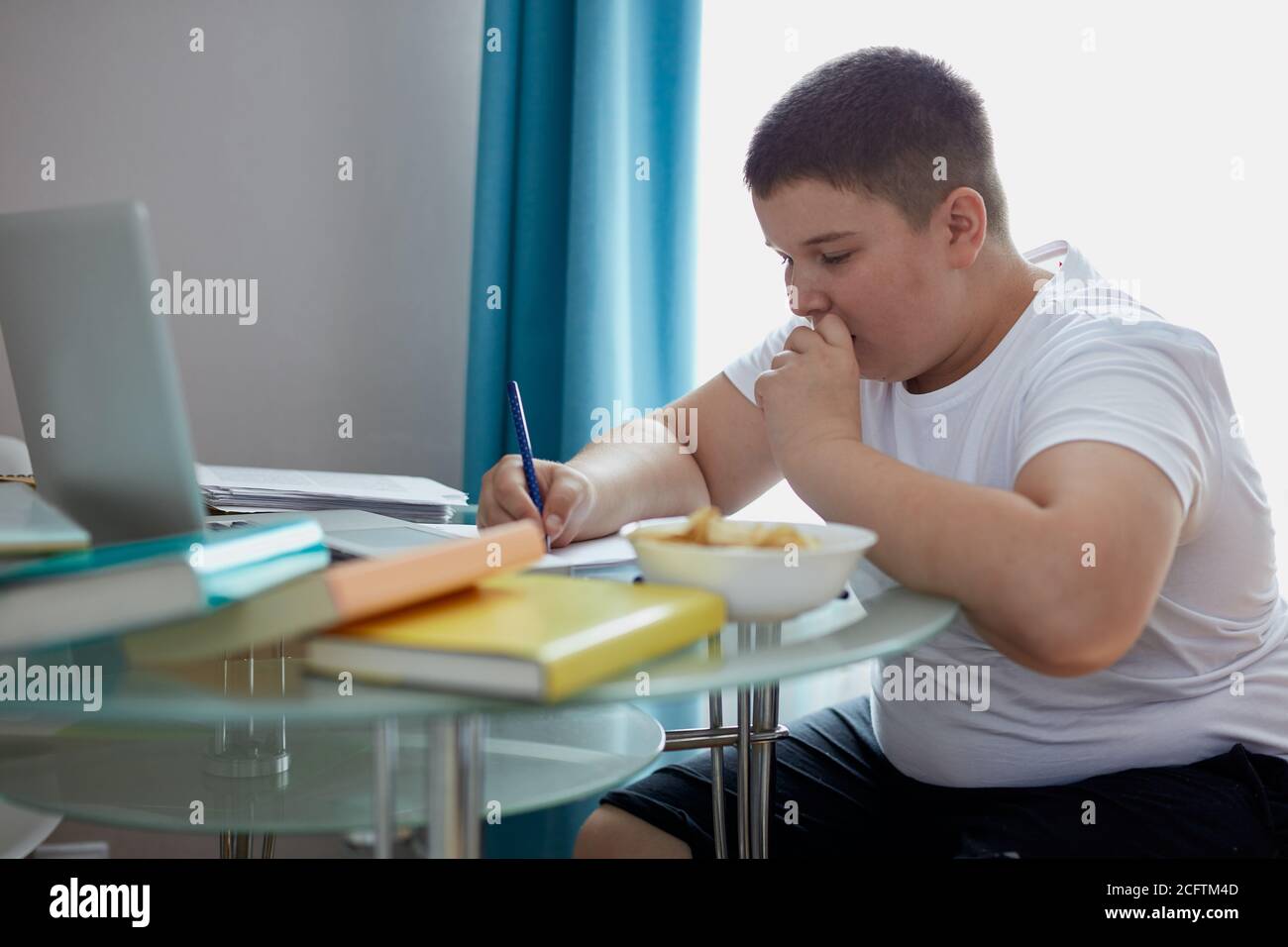 fat overweight boy eat junk food while doing homework, young caucasian ...