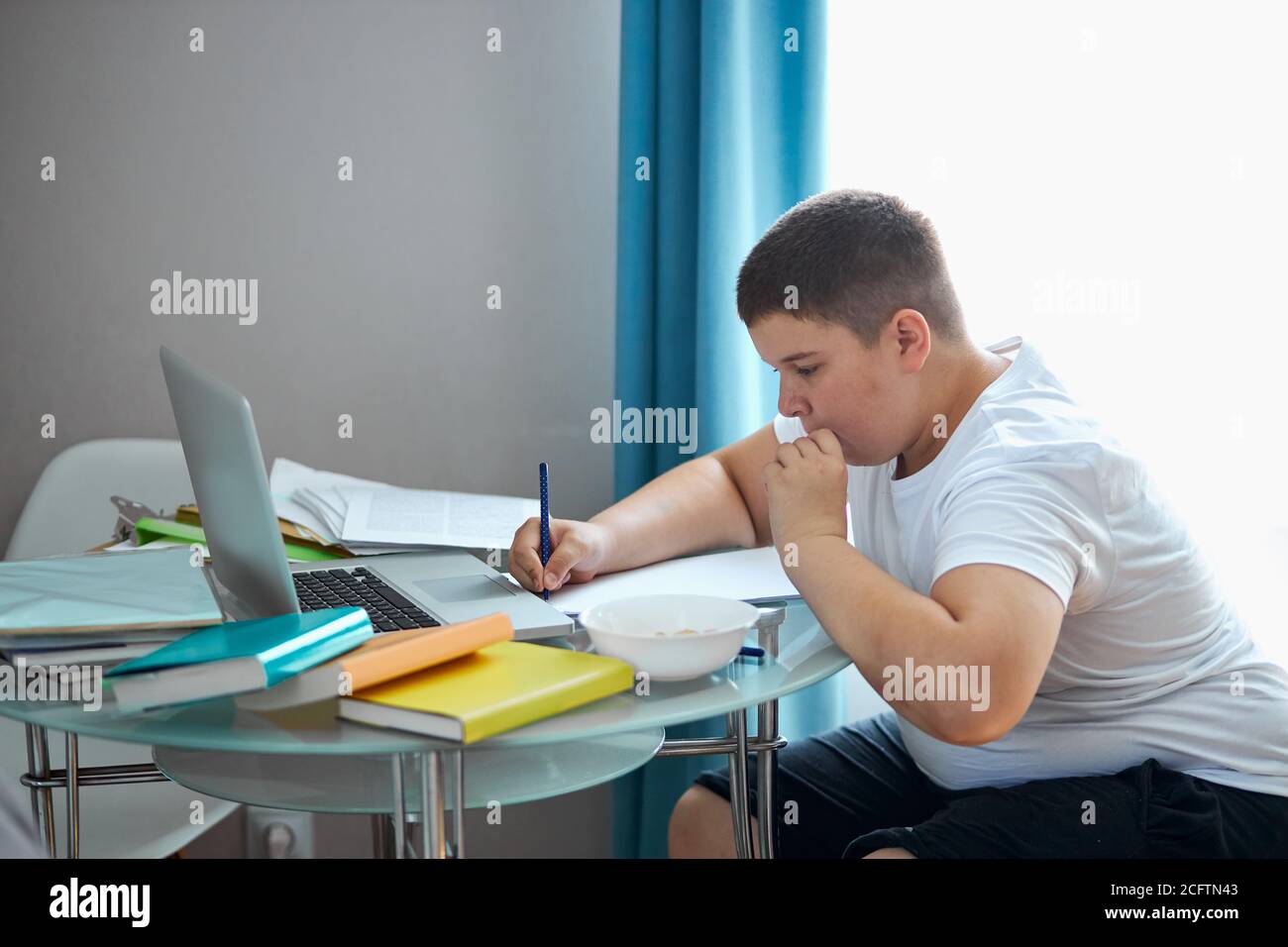fat overweight boy eat junk food while doing homework, young caucasian ...