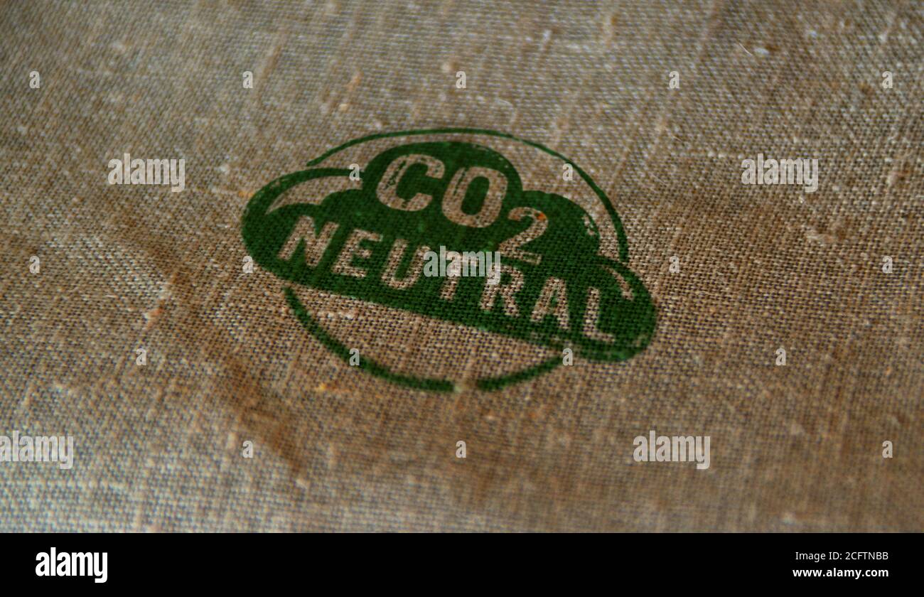CO2 carbon neutral emission stamp printed on linen sack. Ecology ...