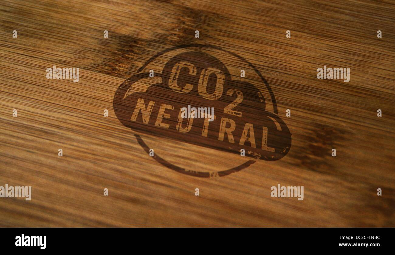 CO2 carbon neutral emission stamp printed on wooden box. Ecology ...