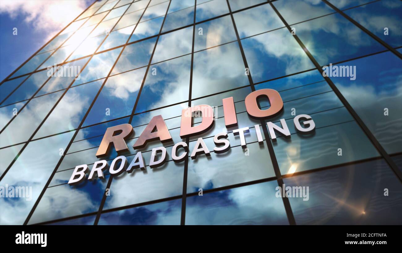 Radio broadcast sign on glass building. Broadcasting station, on air ...