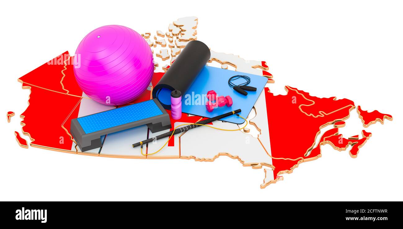 Fitness in Canada. Gym equipments on Canadian map. 3D rendering ...
