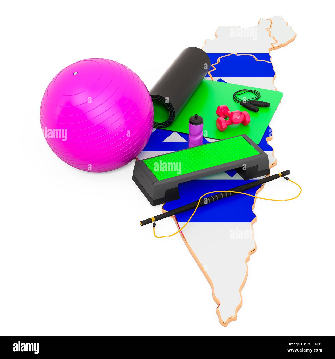 Fitness in Israel. Gym equipments on Israeli map. 3D rendering isolated ...