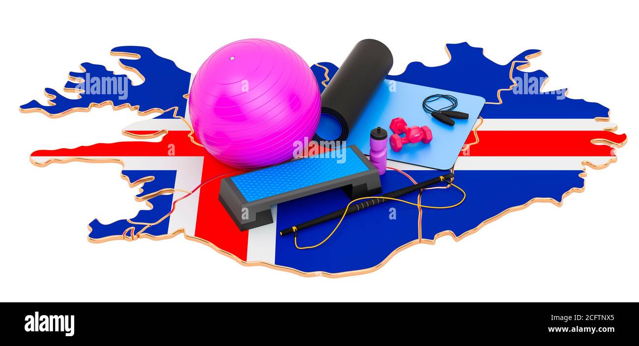 Fitness in Iceland. Gym equipments on Icelandic map. 3D rendering ...