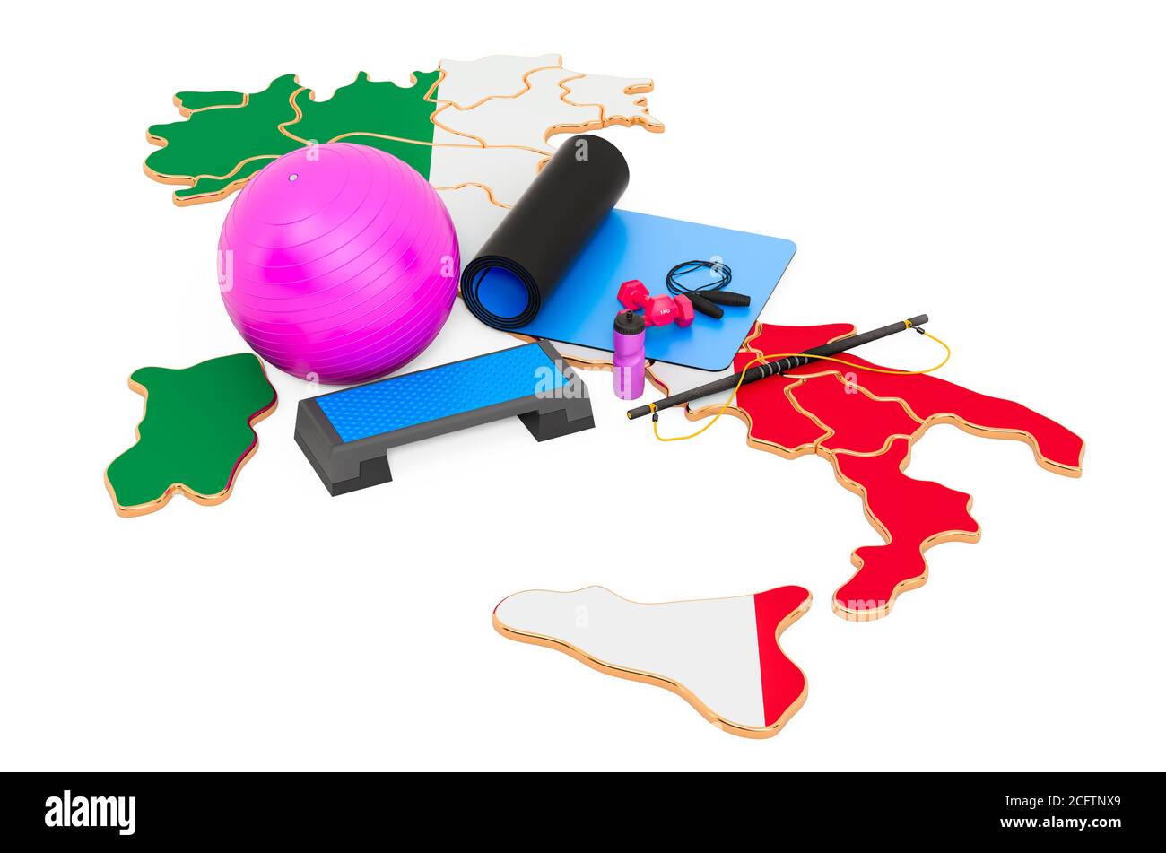 Fitness in Italy. Gym equipments on Italian map. 3D rendering isolated ...