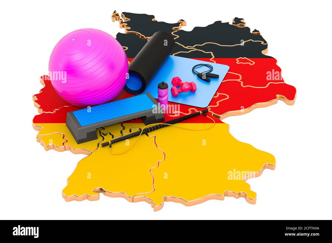 Fitness in Germany. Gym equipments on German map. 3D rendering isolated ...