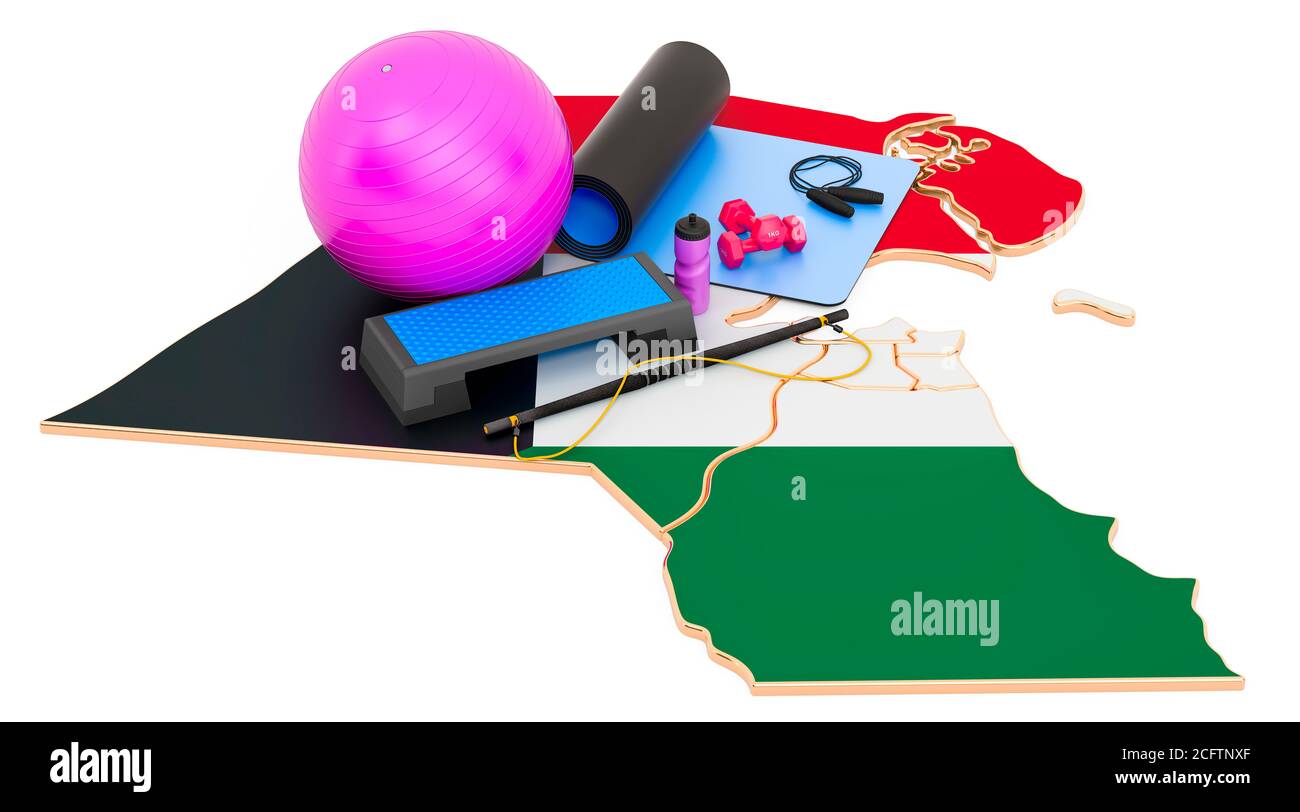 Fitness in Kuwait. Gym equipments on Kuwait map. 3D rendering isolated ...