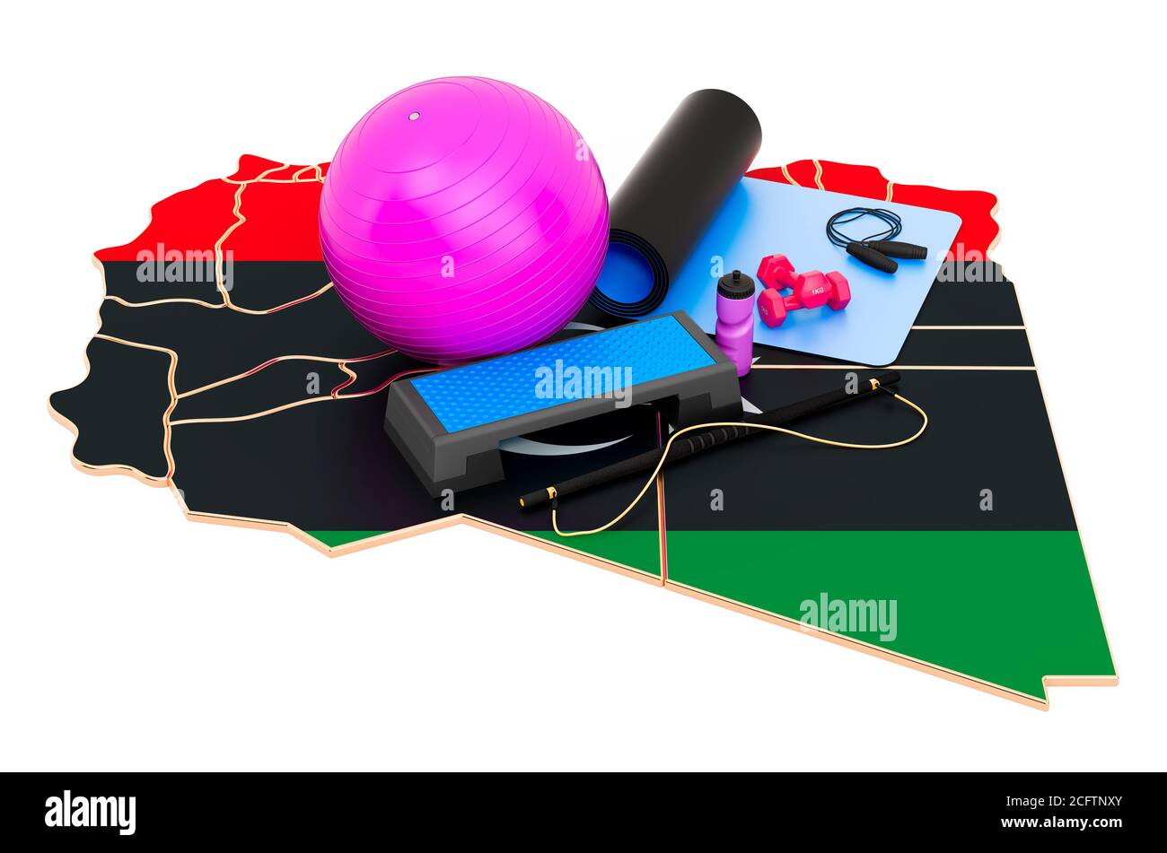 Fitness in Libya. Gym equipments on Libyan map. 3D rendering isolated ...