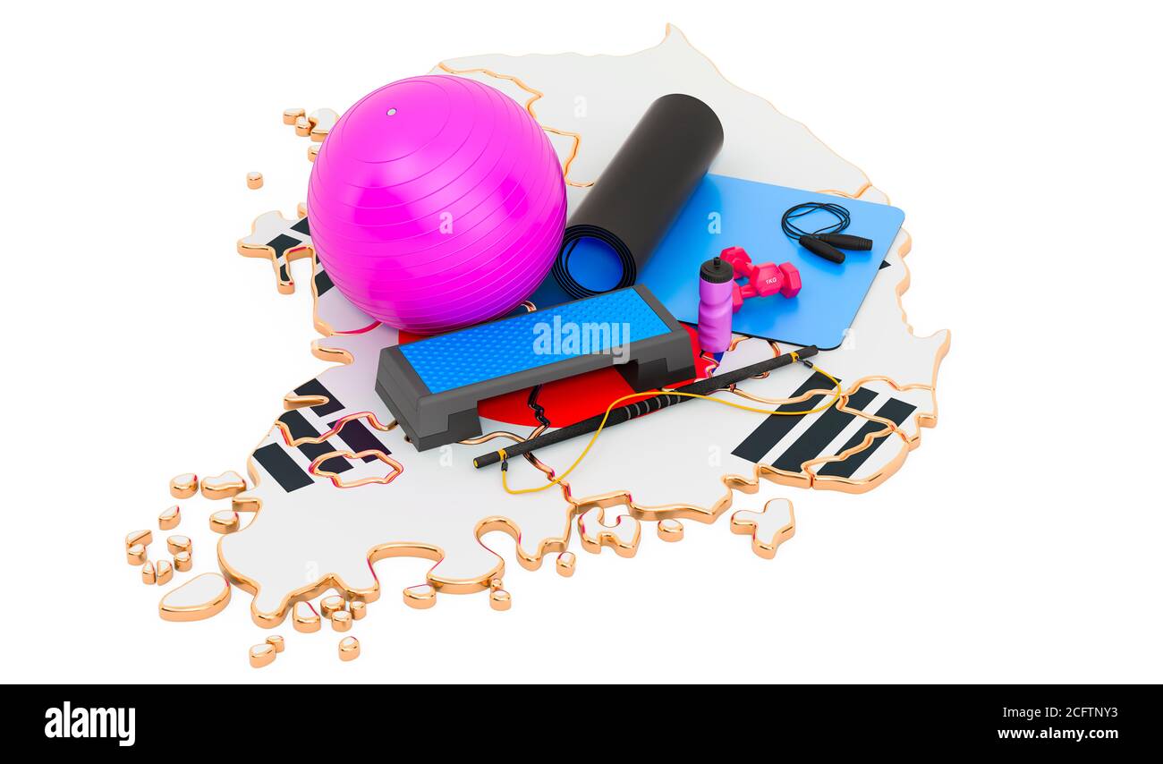 Fitness in South Korea. Gym equipments on South Korean map. 3D ...